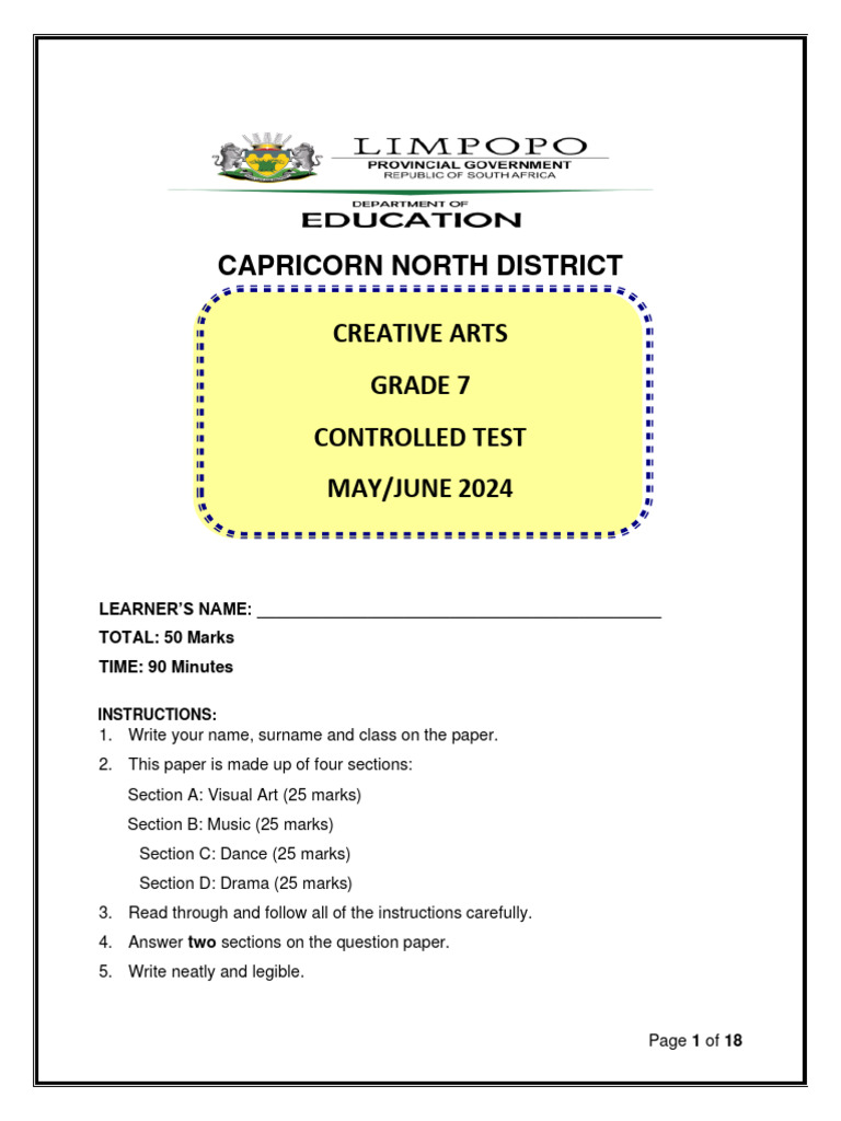 Creative Arts Grade 7 Term 2 2024 Question Paper | PDF | Dances | Color