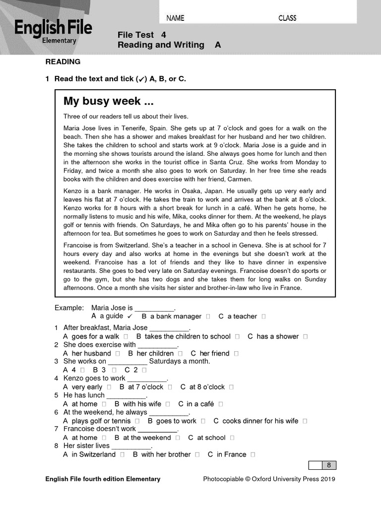 EF4e Elem Filetest 04a Reading and Listening | PDF | Wellness