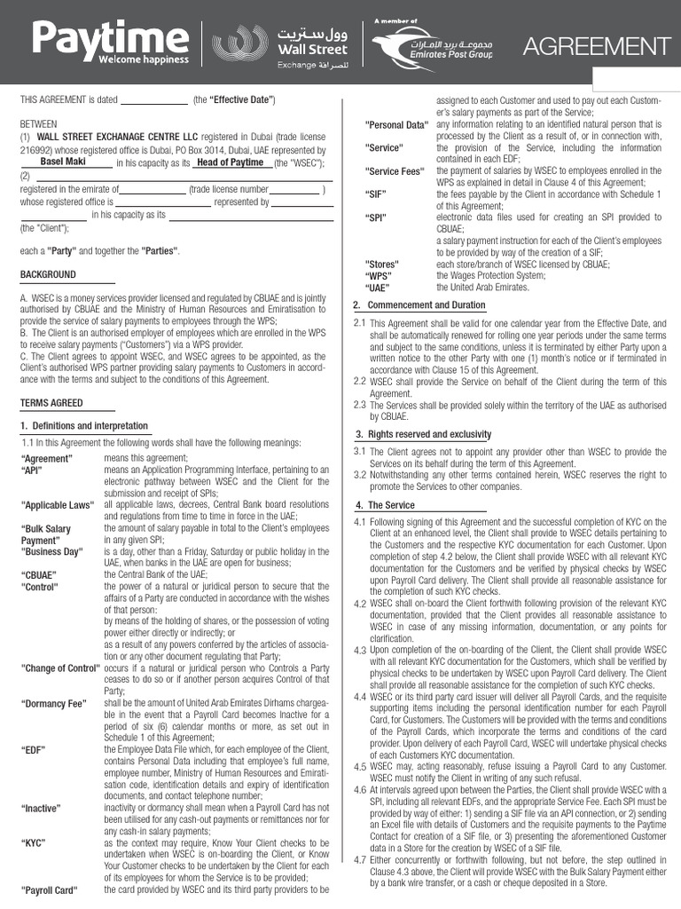 Wallstreet WPS Agreement - Paytime | PDF | Indemnity | Breach Of Contract