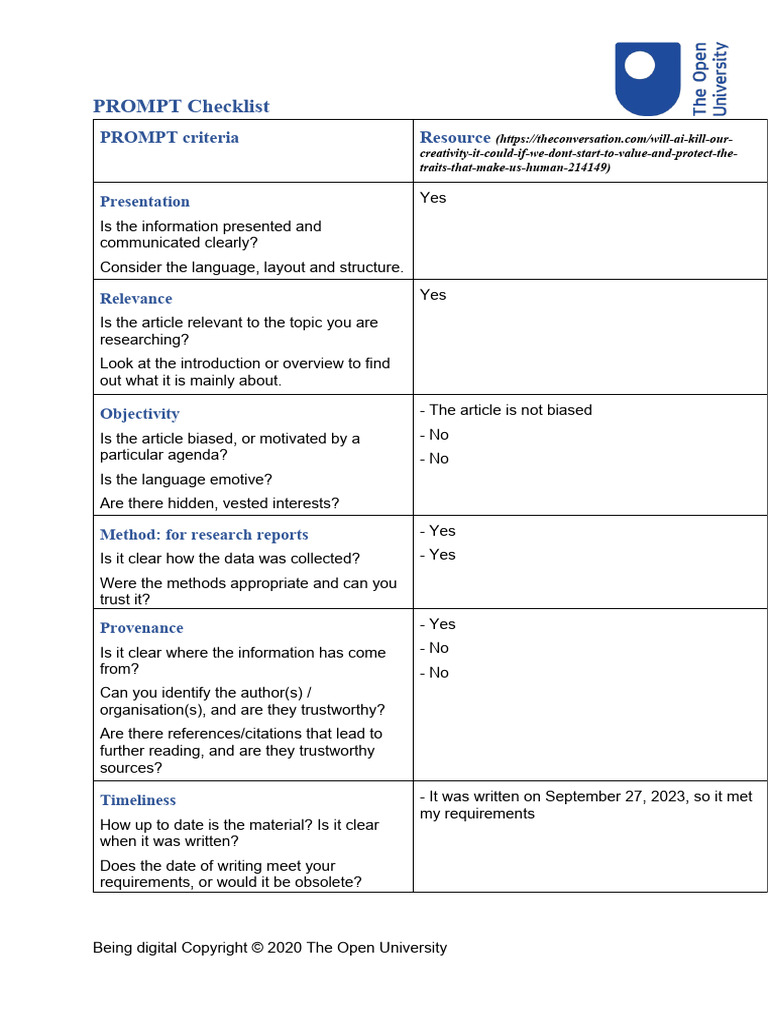 Portfolio Task 2 The PROMPT - Checklist | PDF