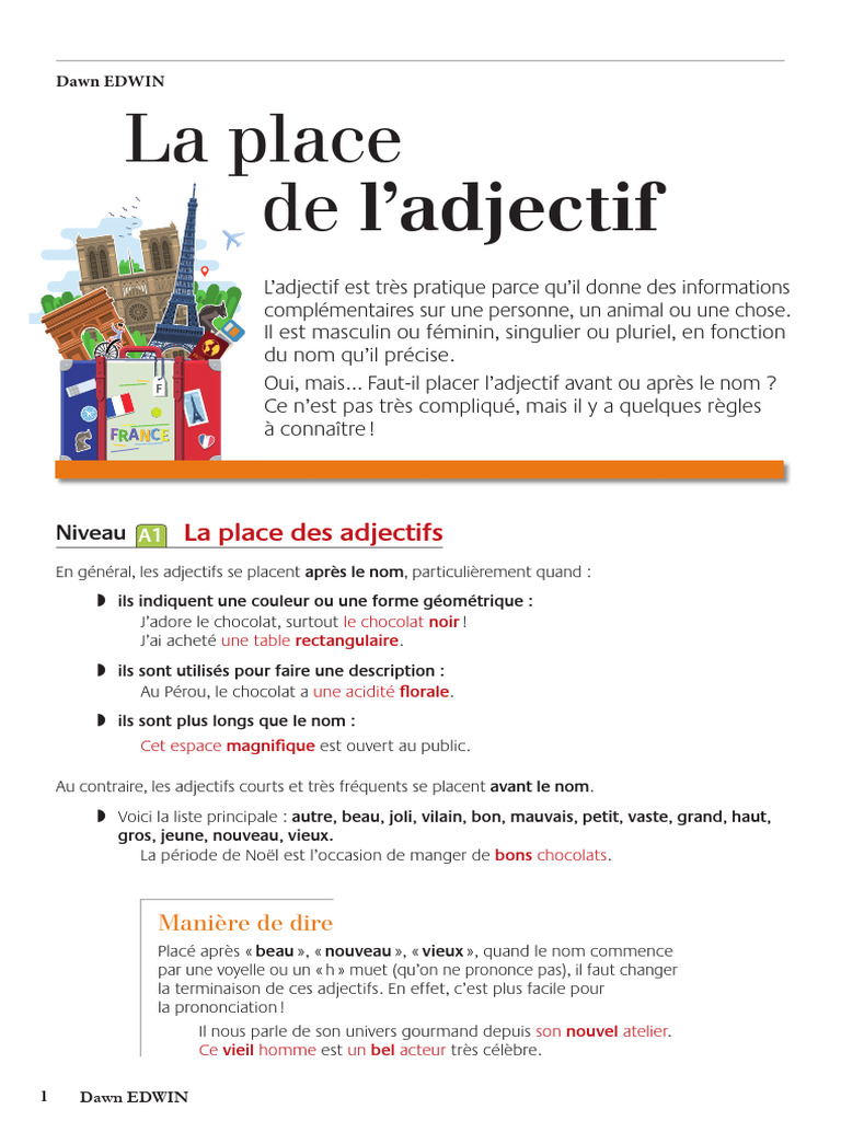 La place des adjectifs en français | PDF | Genre grammatical | Nombre ...