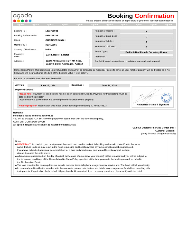 Confirmation For Booking ID # 1291758041 | PDF | Payments