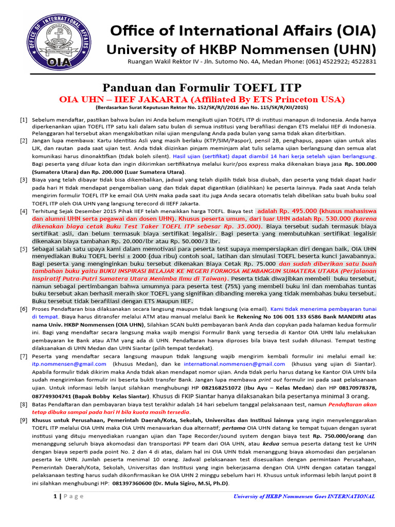 Formulir Pendaftaran TOEFL ITP | PDF