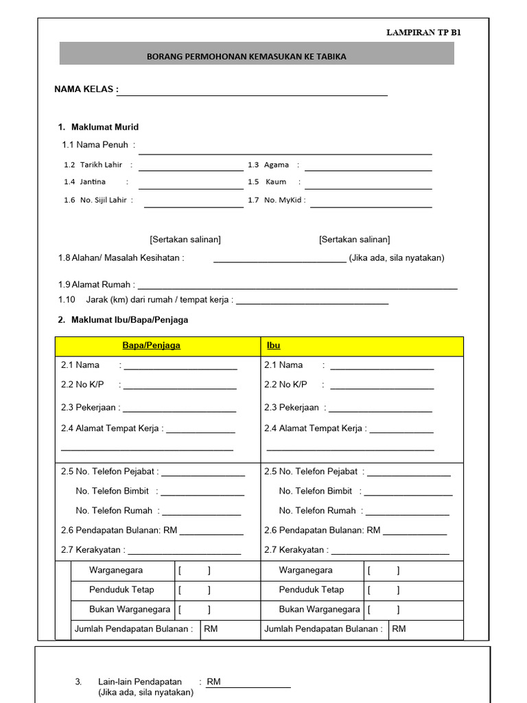 Borang Pemohonan Kemasukan Tabika | PDF