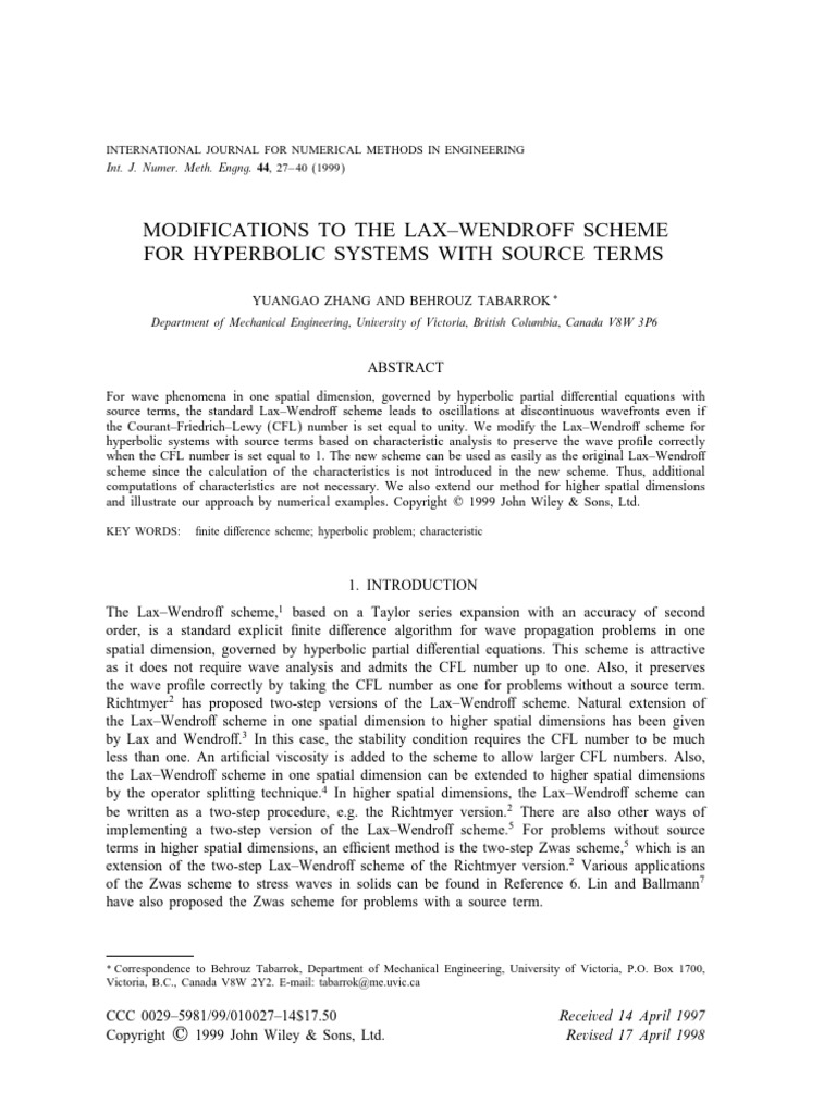 Numerical Meth Engineering 1998 Zhang Modifications To The Lax Wendroff Scheme For
