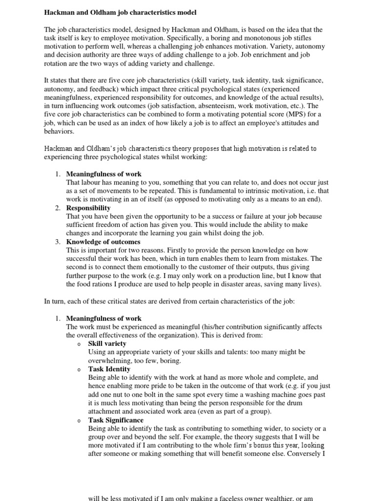 Hackman and Oldham Job Characteristics Model | Motivation | Self ...