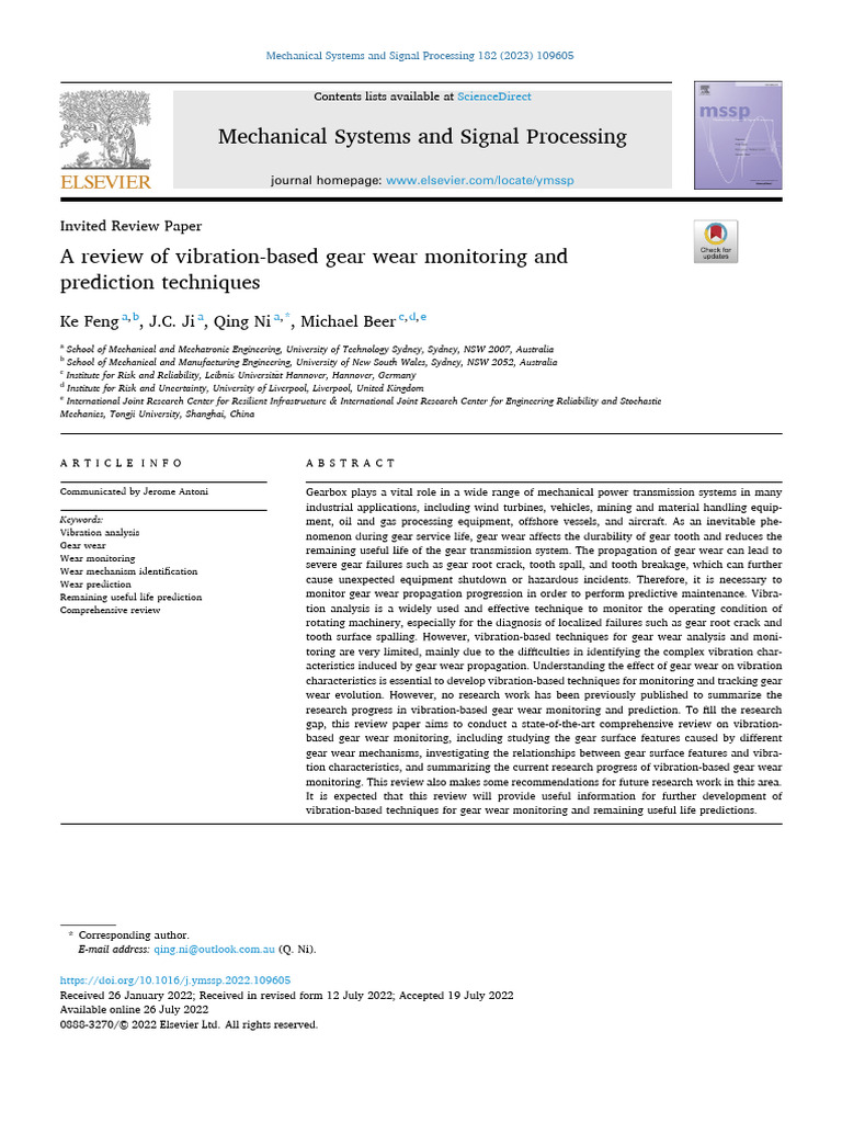Mechanical Systems and Signal Processing: Ke Feng, J.C. Ji, Qing Ni, Michael Beer | PDF | Wear ...