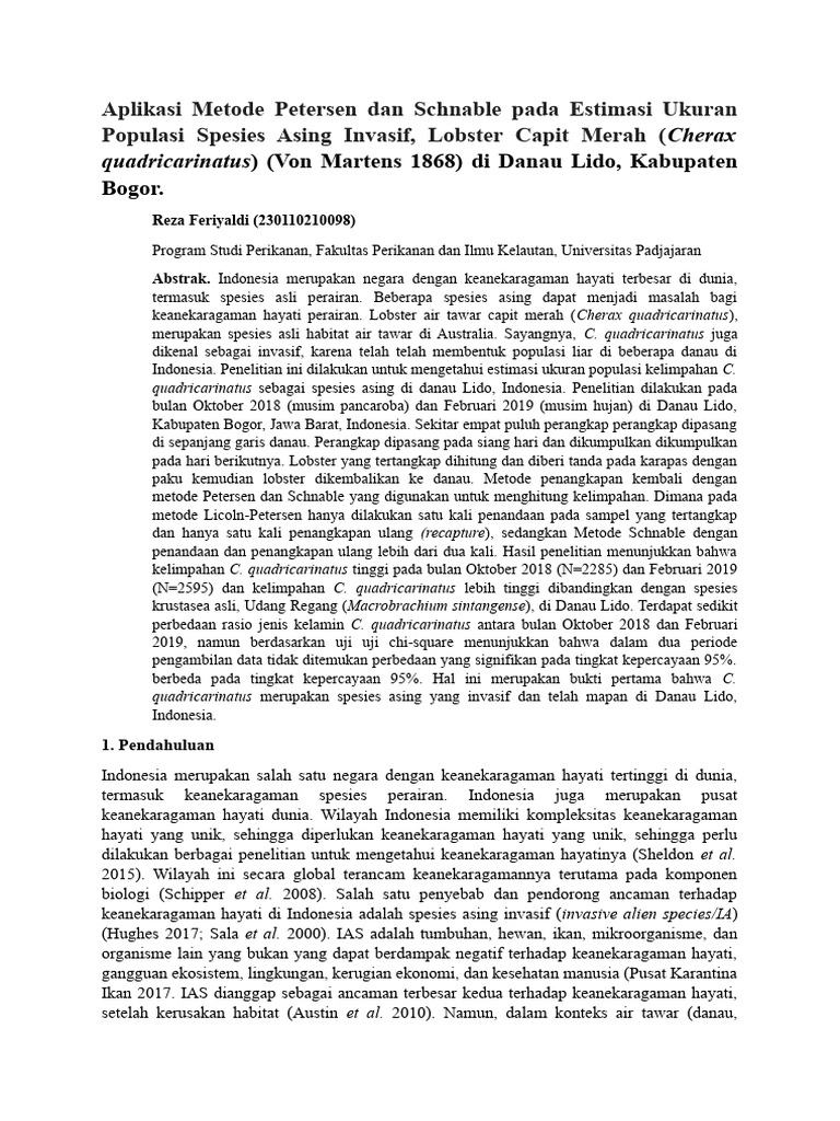 Aplikasi Metode Petersen Dan Schnable Pada Estimasi Ukuran Populasi Spesies Asing Invasif | PDF ...
