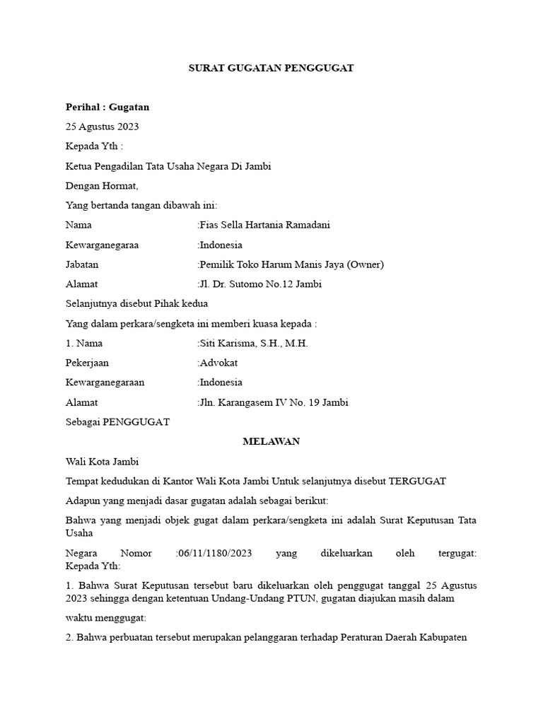 Surat Gugatan Tun | PDF | Hukum