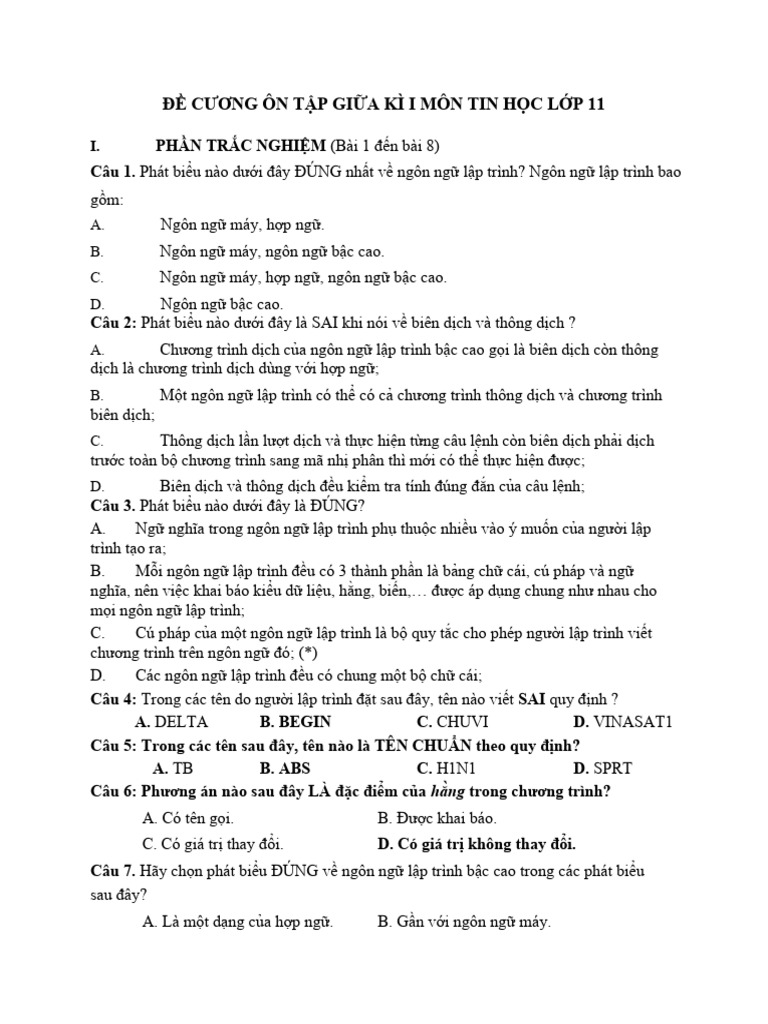 ĐỀ CƯƠNG GK 1 TIN 11 | PDF