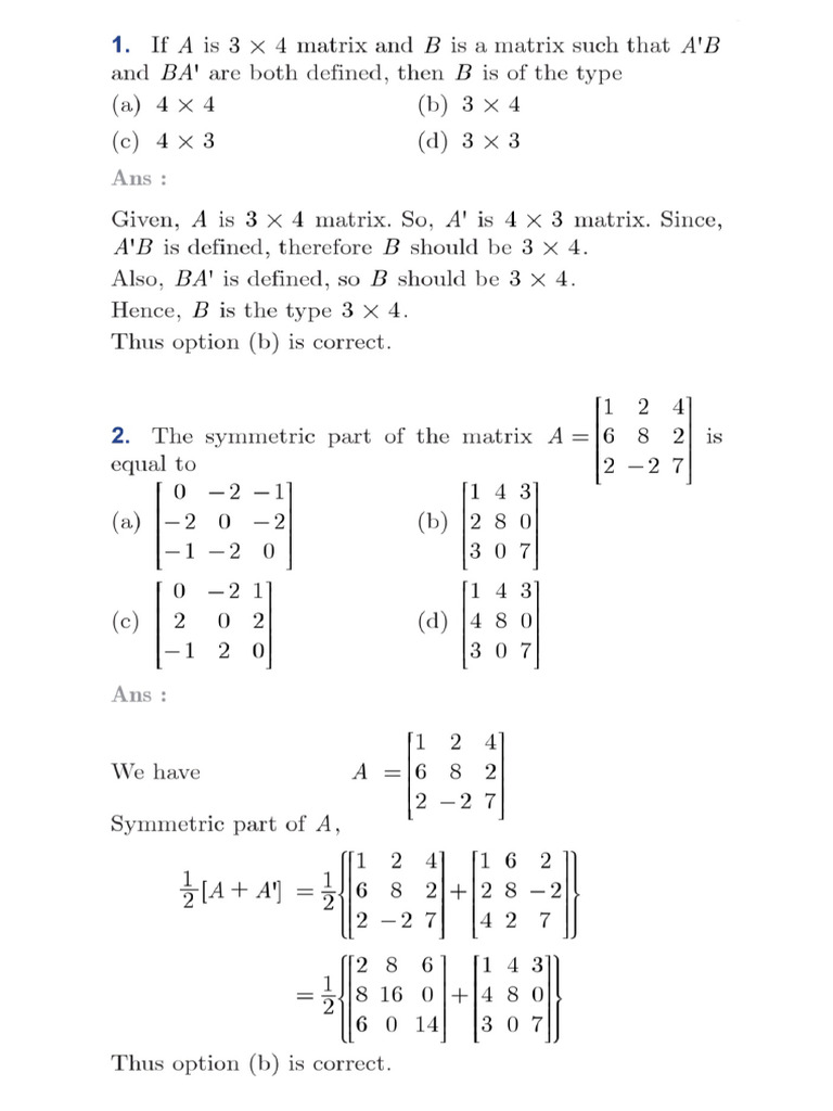 Matrices Objective Problems | PDF