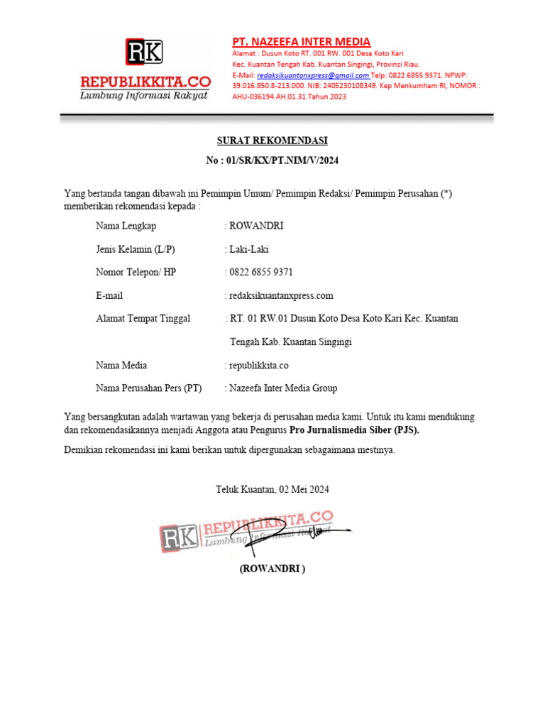 Form A2 SURAT REKOMENDASI PEMRED ATAU DIREKTUR | PDF