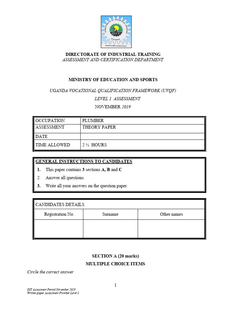 PLUMBER THEORY LEVEL ONE Set 1 Modurated | PDF | Water | Plumbing