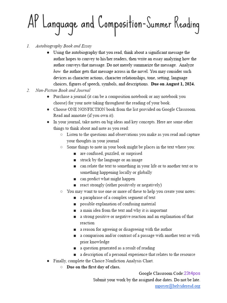 Ap Language and Composition Summer Reading | PDF | Essays | Thought