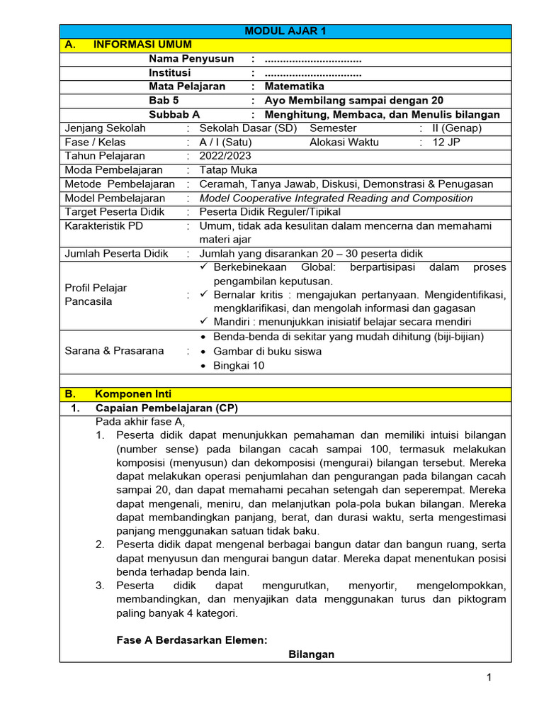 Contoh Modul Ajar MTK KLS 1 SMS 2 | PDF | Kesehatan Holistik | Sains ...