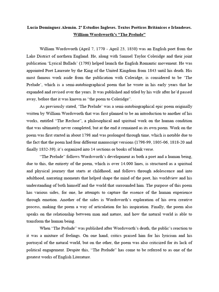William Wordsworth's The Prelude' | PDF | William Wordsworth | Poetry