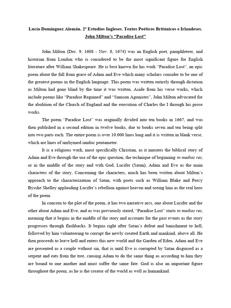 "Paradise Lost" Analysis & Themes | PDF | Paradise Lost | Garden Of Eden