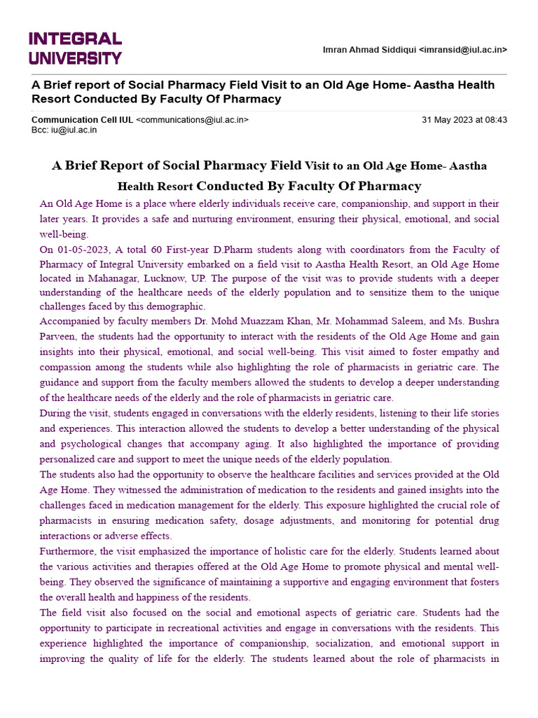 Social Pharmacy Visit to Aastha Home | PDF | Geriatrics | Pharmacist