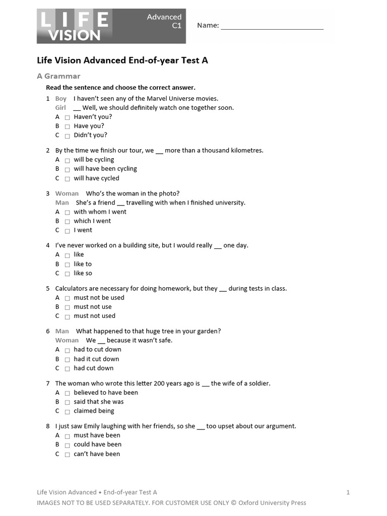 Life Vision Advanced End-of-Year Test A | PDF | Brand