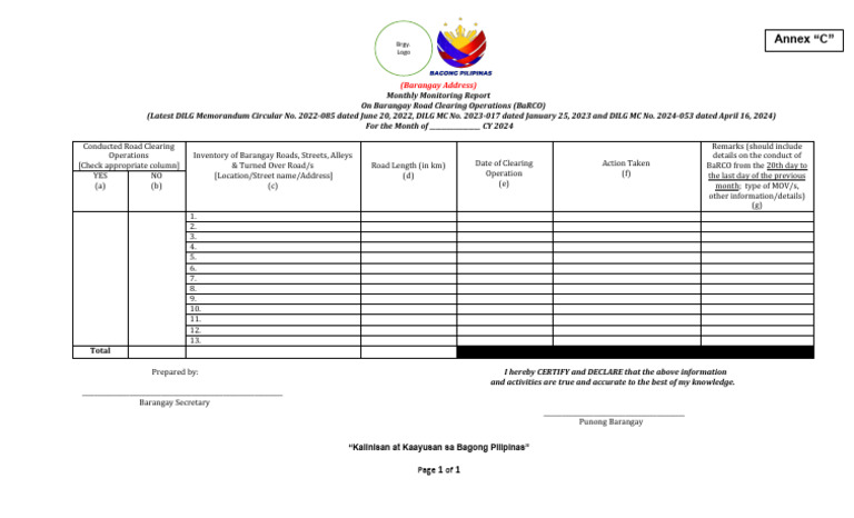 Barangay Road Clearing Report 2024 | PDF