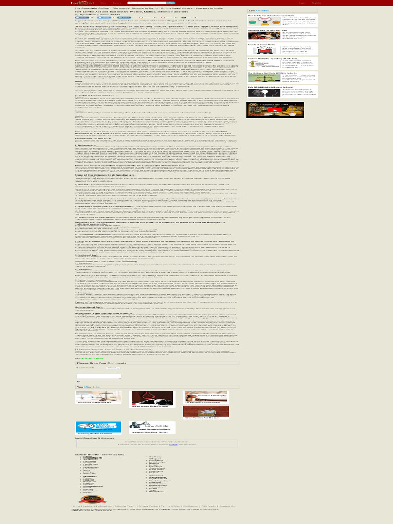 Malice In Fact Vs Malice In Law Pdf Defamation Trespass
