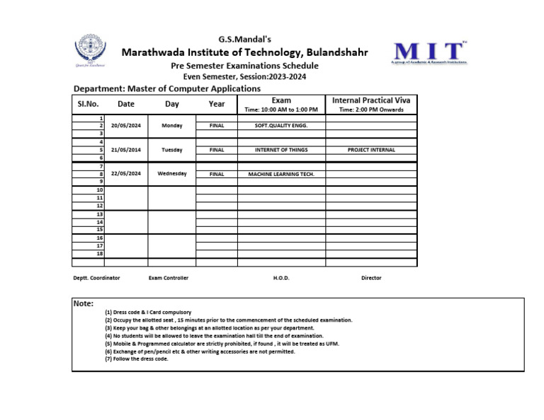 Put Schedule Mca Final Even 23-24 | PDF