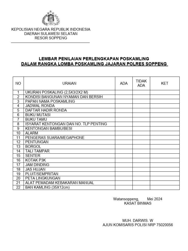 Lembar Penilaian Perlengkapan Poskamling | PDF