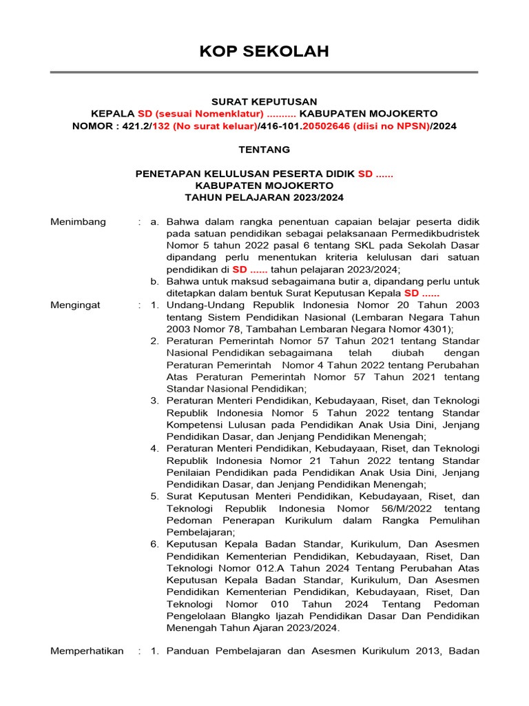 Contoh SK Penetapan Kelulusan Sd-2024 | PDF Contoh SK Penetapan Kelulusan Sd-2024 | PDF