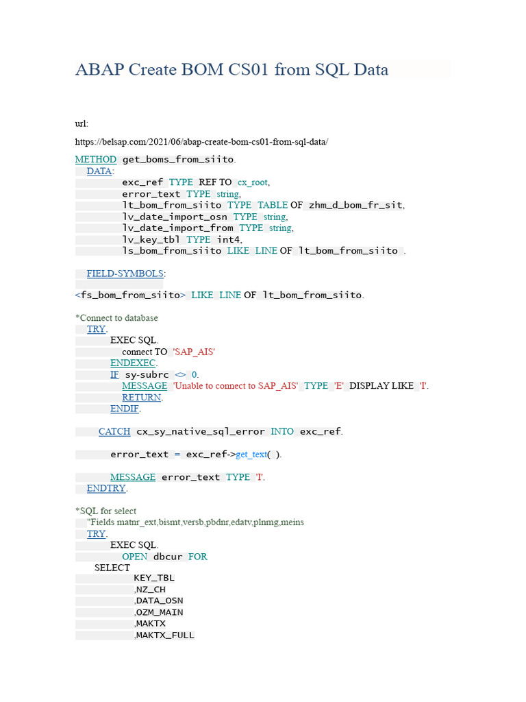 ABAP Create BOM CS01 From SQL Data | PDF | Sql | Software