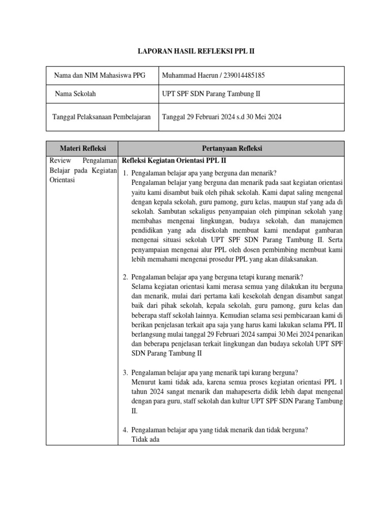 LK 6 Laporan Hasil Refleksi PPL II | PDF