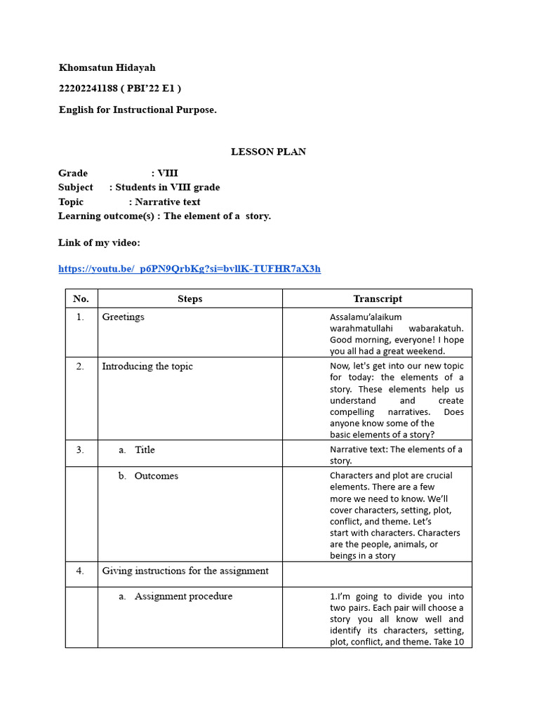 Narrative Text Elements Lesson Plan | PDF