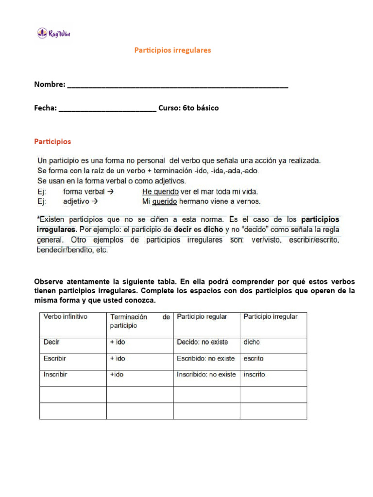 Participios Irregulares en Español | PDF | Artes del Lenguaje y ...