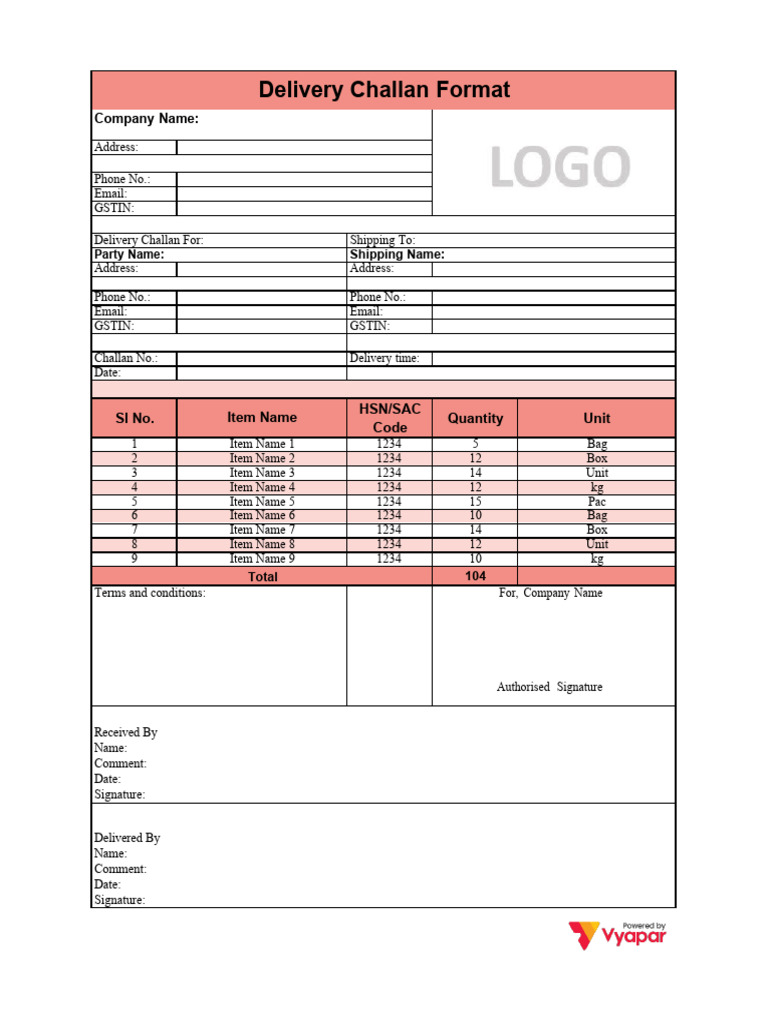Delivery Challan Format Template | PDF