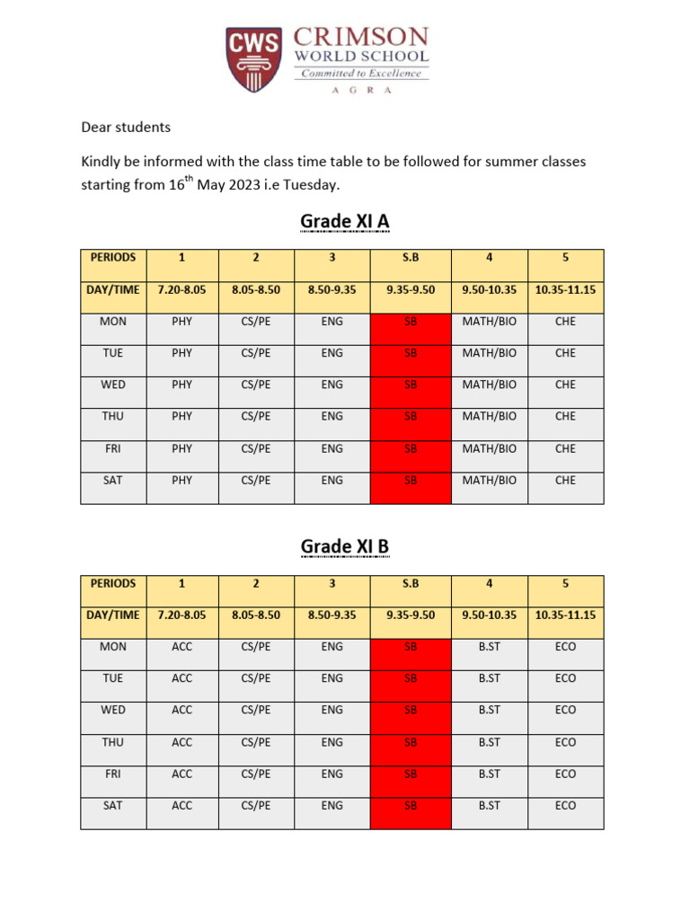 Grade XI Summer Class Schedule | PDF | Language Arts & Discipline