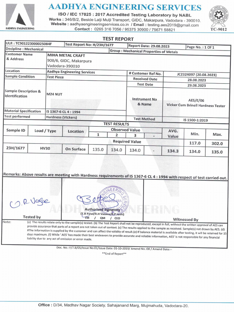 Hardness Test Report M24 Nut | PDF