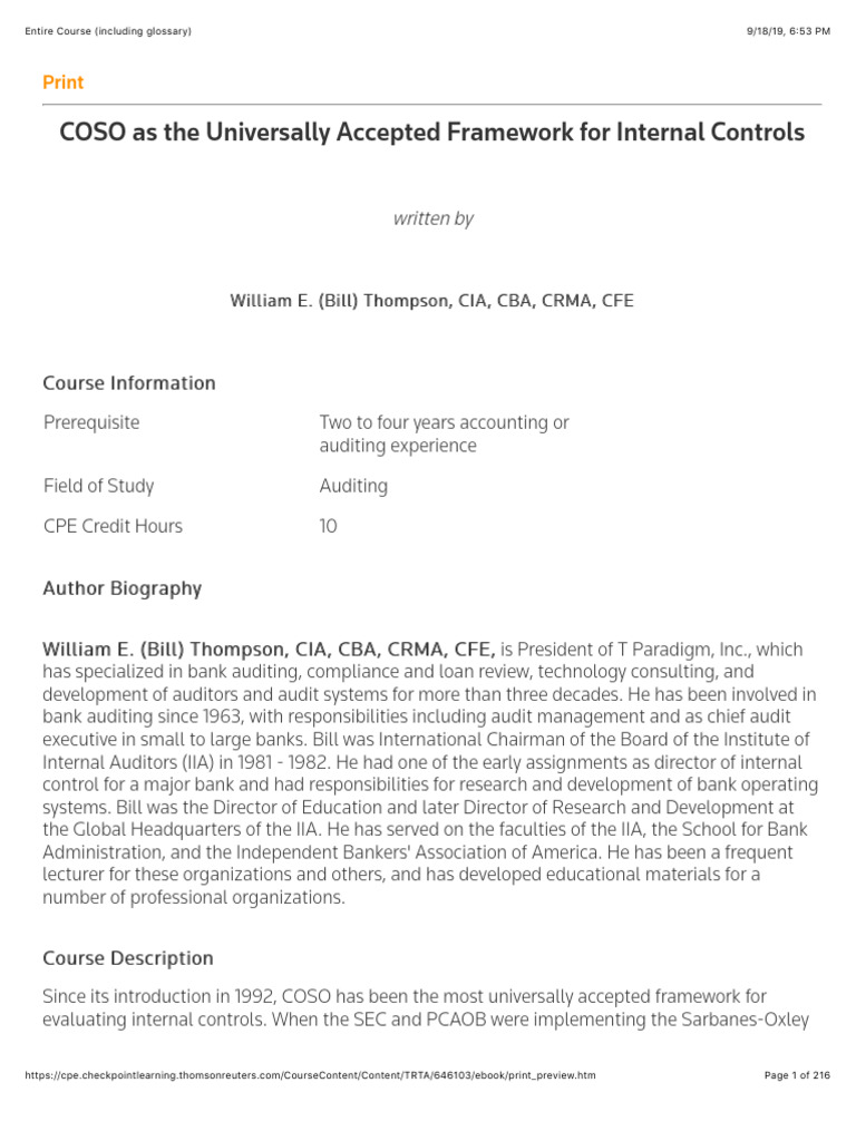 COSO As The Universallly Accepted Framework For Internal Controls ...