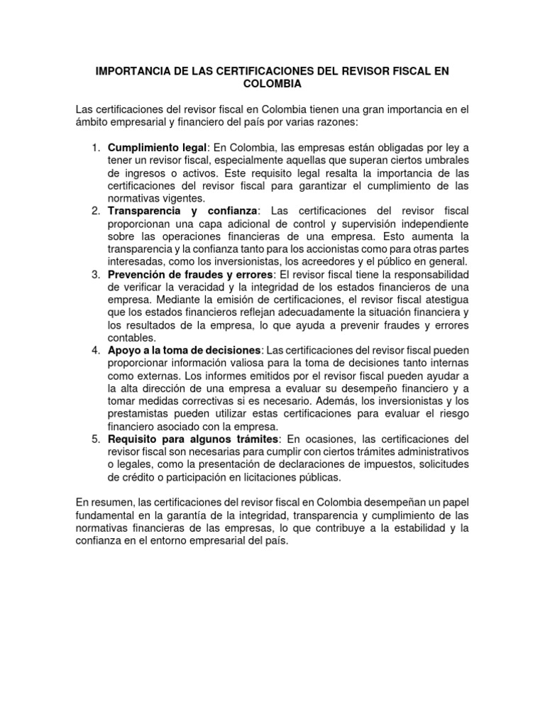 Importancia de Las Certificaciones Del Revisor Fiscal en Colombia | PDF | Estado financiero ...