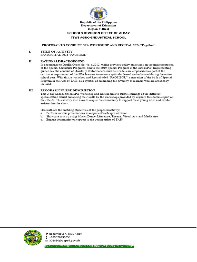 Proposal To Conduct Spa Workshop and Recital 2024 | PDF