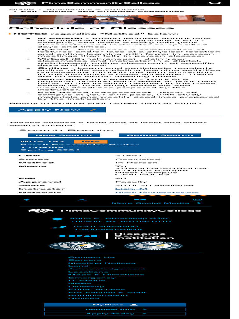 Schedule of Classes Pima Community JDJSND College, Tucson, Arizona ...