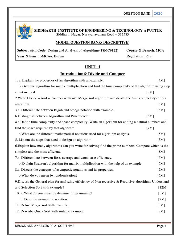 18MC9122 - Design and Analysis of Algorithms | PDF | Dynamic Programming | Computational ...