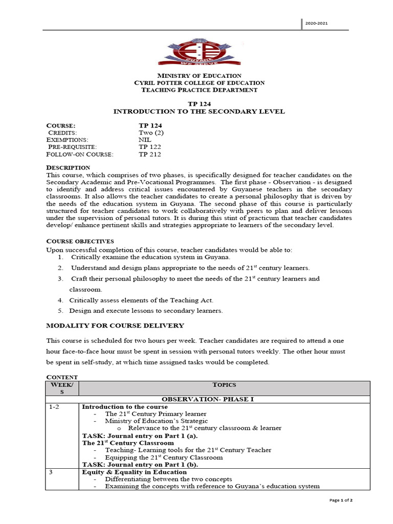 TP 124 - Course Outline | PDF | Teachers | Lesson Plan