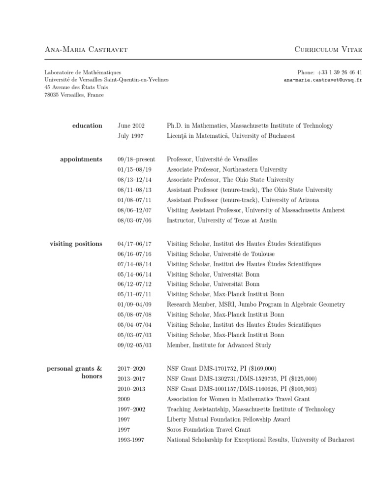 Ana-Maria Castravet Curriculum Vitae: Education | PDF | Geometry ...