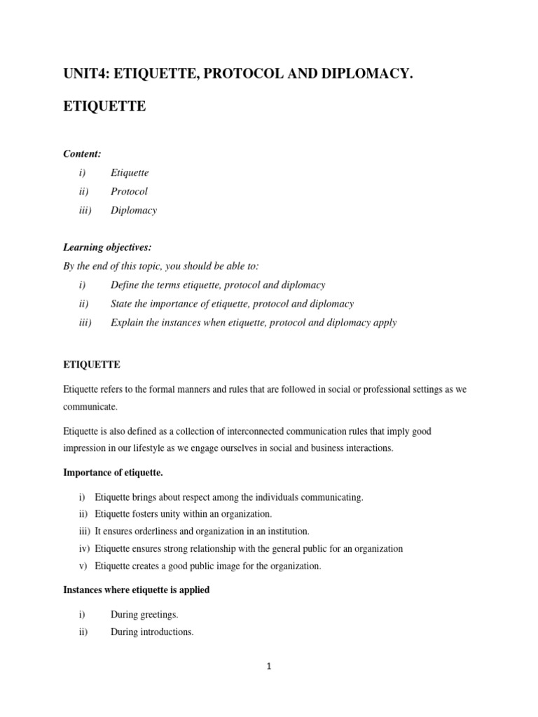 Unit 4 | PDF | Etiquette | Diplomacy