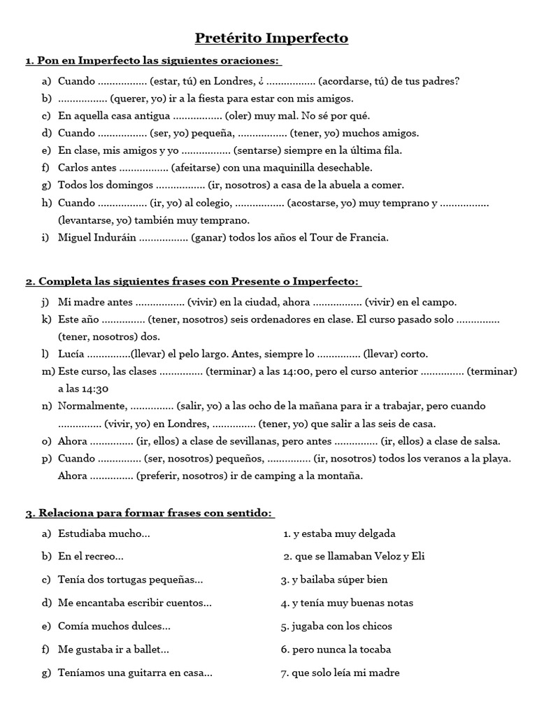 Ejercicios de Pretérito Imperfecto | PDF
