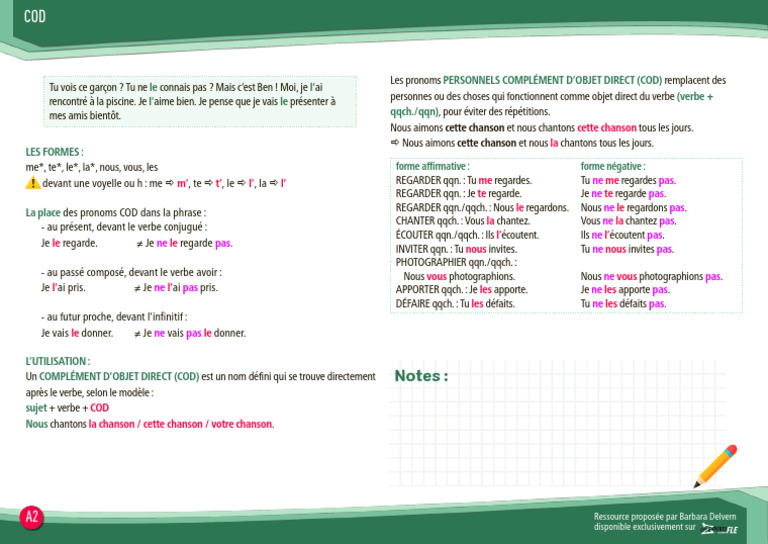 Pronom COD FLE | PDF | Verbe | Linguistique