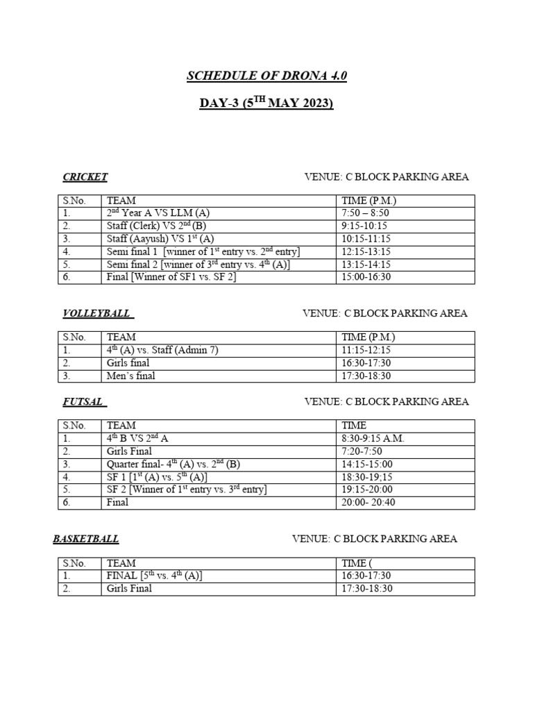 Schedule of Drona 4.0 (5th May) | PDF | Sports