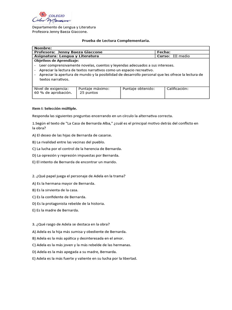 III Medio - Prueba, La Casa de Bernarda Alba | PDF