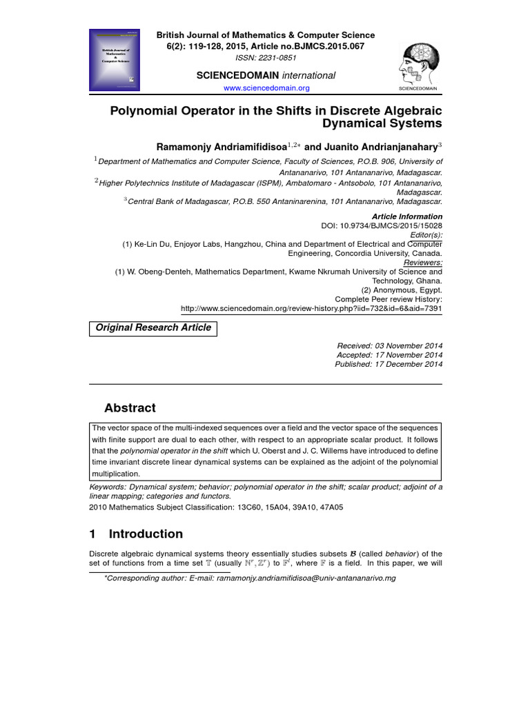 Polynomial Operator in The Shifts in Discrete Algebraic Dynamical Systems | Download Free PDF ...