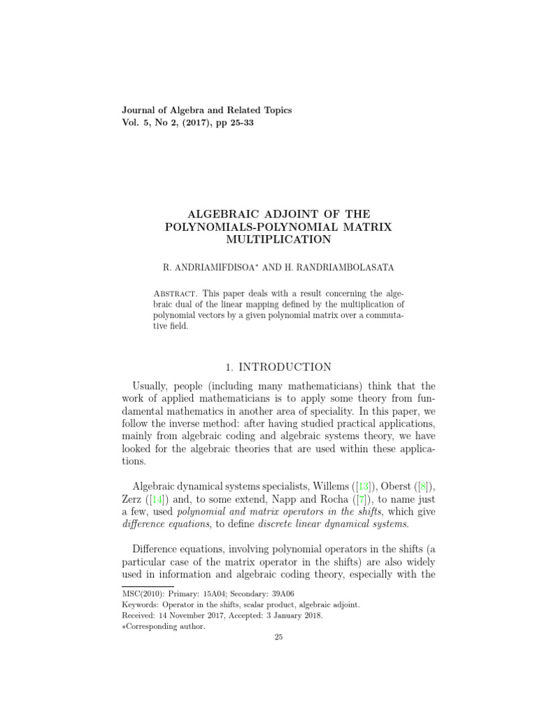 Algebraic Adjoint of The Polynomials-Polynomial Matrix Multiplication ...