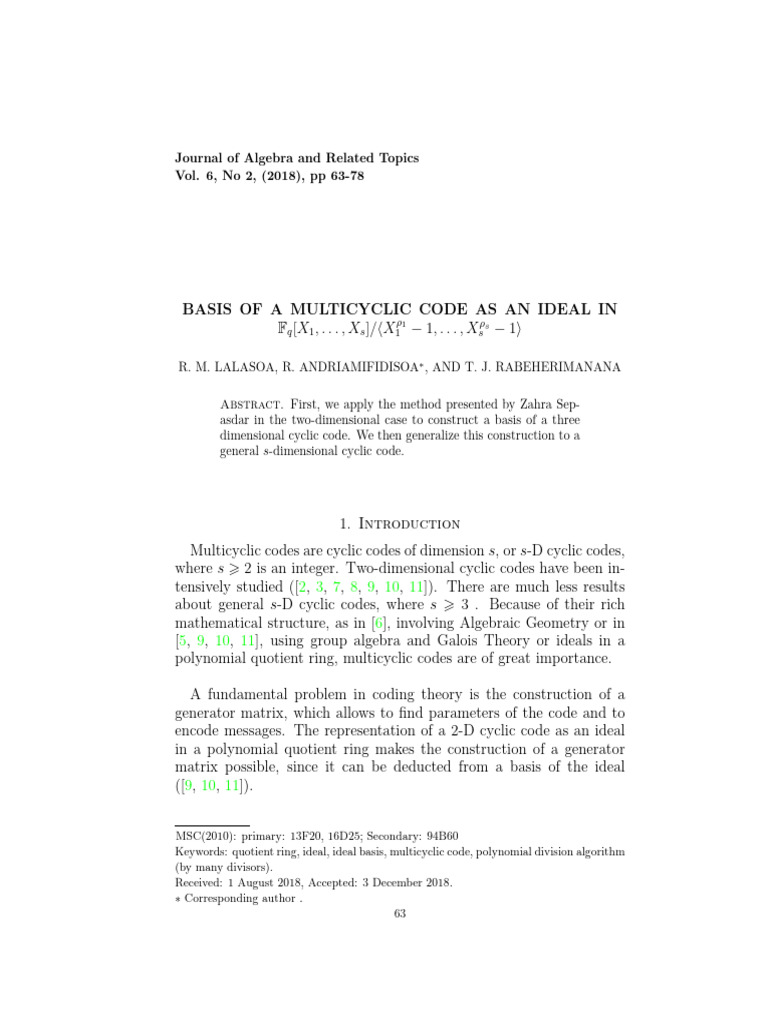 Basis of A Multicyclic Code As An Ideal in | Download Free PDF | Ring (Mathematics ...